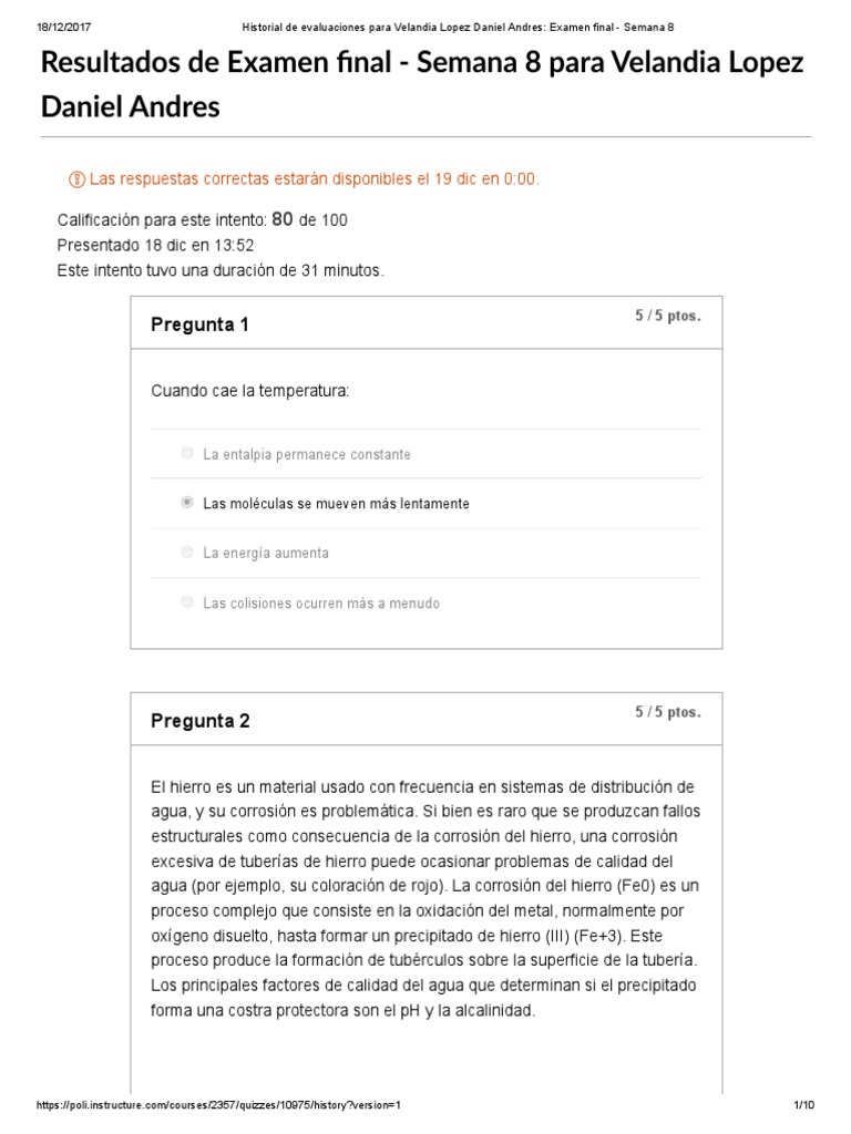 Historial de Evaluaciones para Velandia Lopez Daniel Andres - Examen Final - Semana 8 Quimica ...