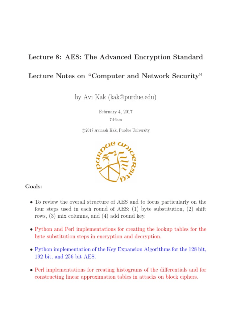 Lecture8 AES - The Advanced Encryption Standard | PDF | Key (Cryptography) | Cryptography