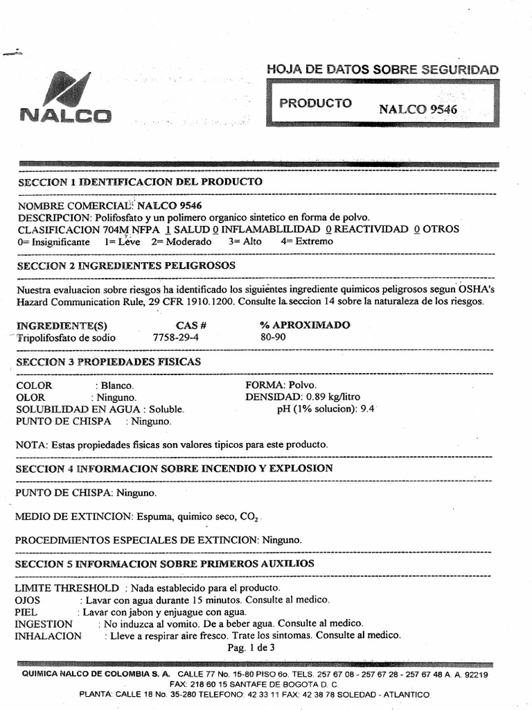 MSDS Nalco 9546 PDF | PDF