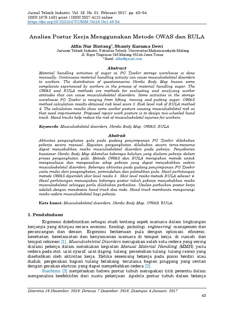 Analisa Postur Kerja Menggunakan Metode OWAS Dan RULA: Alfin Nur Bintang, Shanty Kusuma Dewi | PDF