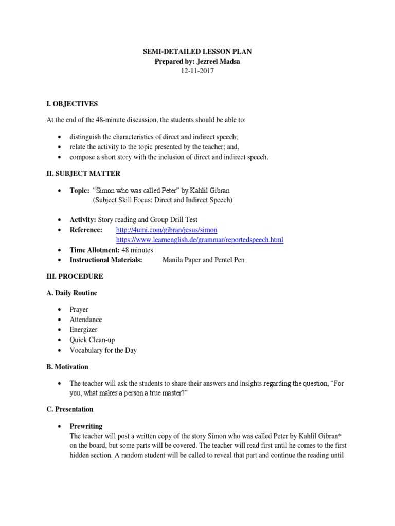 Semi-Detailed Lesson Plan Prepared By: Jezreel Madsa | PDF | Lesson ...