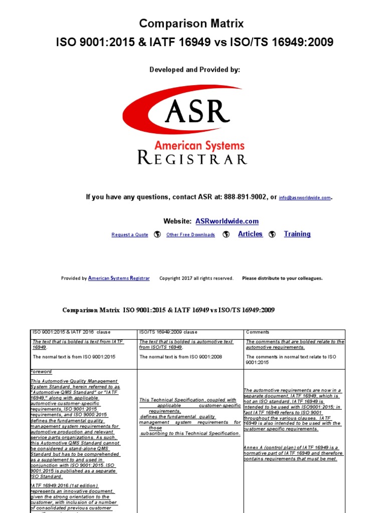 ISO 9001 2015 and IATF 16949 Vs ISO TS 16949 2009 Comparison Matrix by American Systems ...