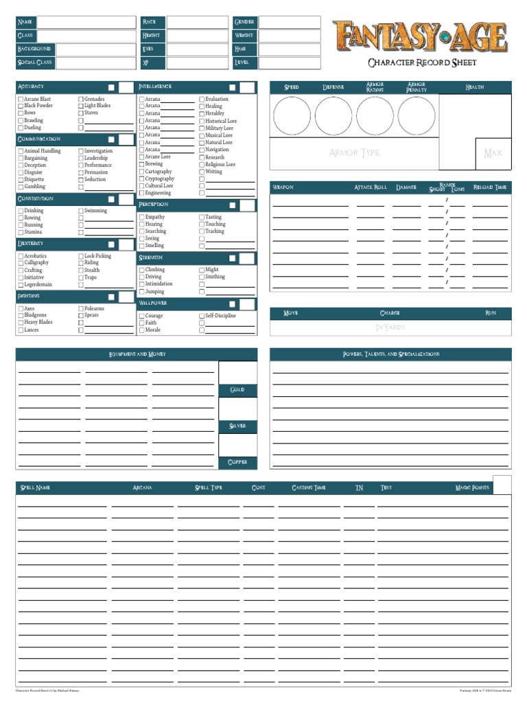 Fantasy AGE - Character Record Sheet | PDF | Leisure | Sports