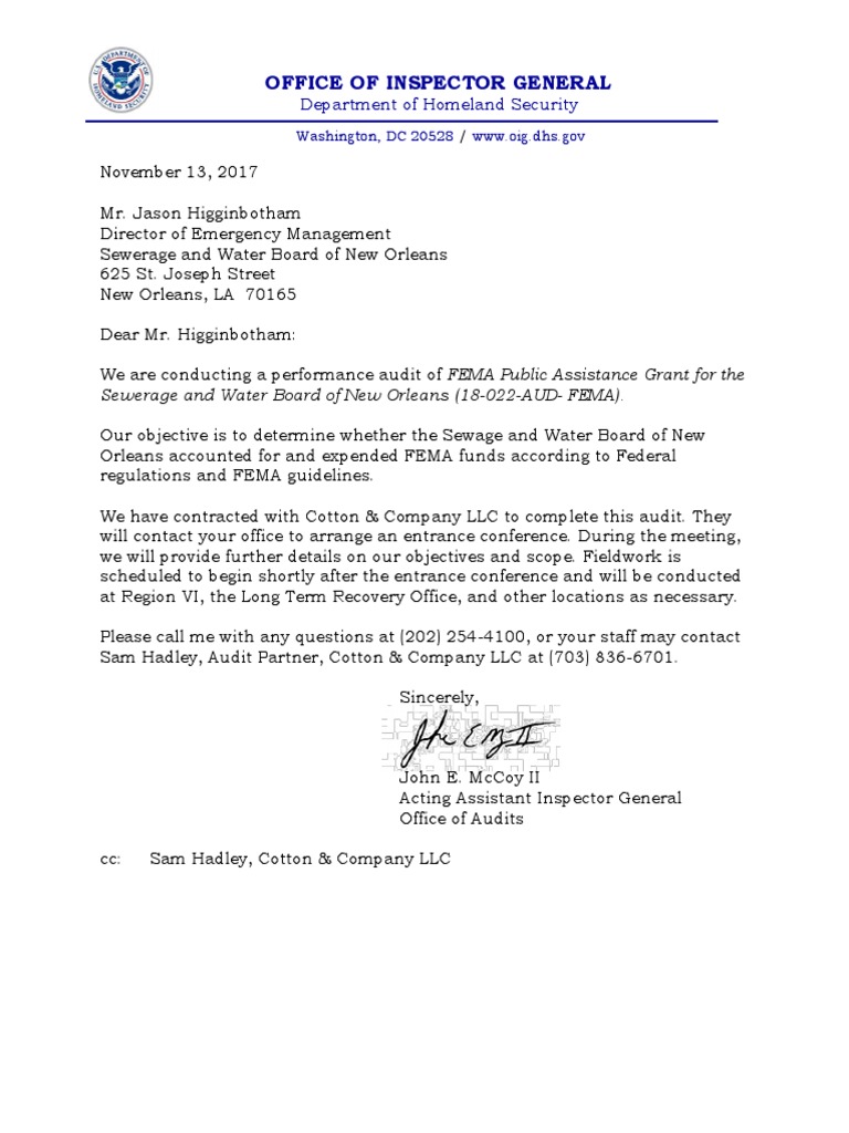 11.13.17 - DHS Letter - FEMA Audit | PDF