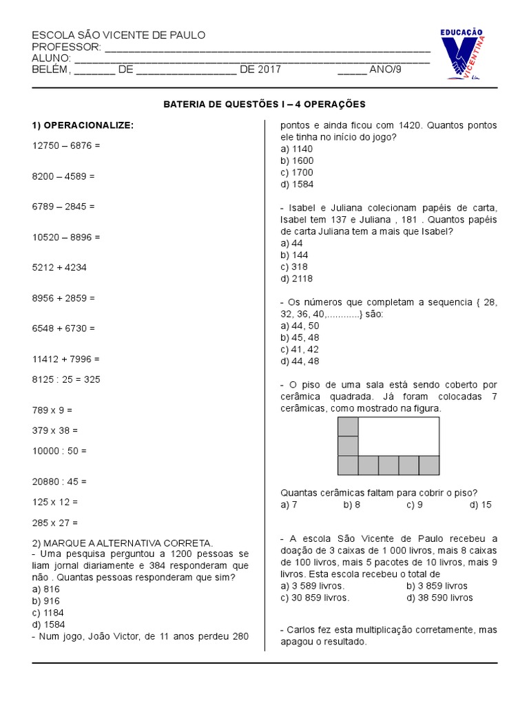 Questões Para Análise - 4 Operações | Matemática