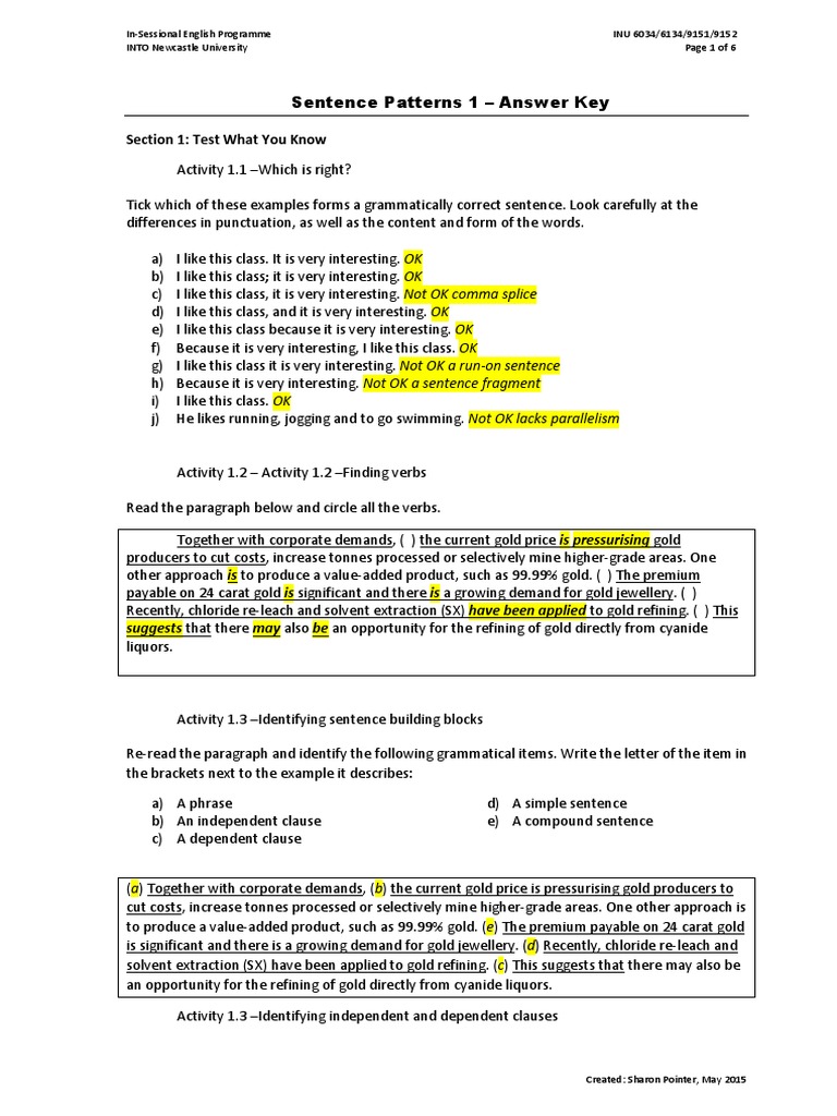 Sentence Patterns 1 - Answer Key: Section 1: Test What You Know ...
