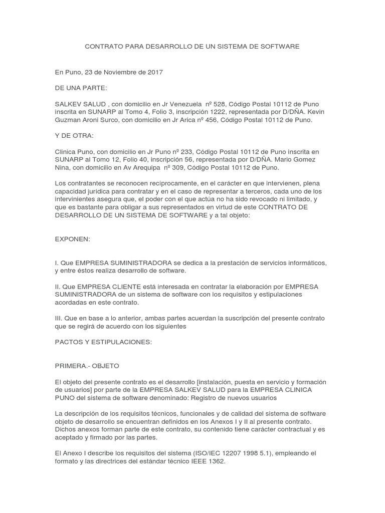 Contrato Para Desarrollo de Un Sistema de Software | Software | Business
