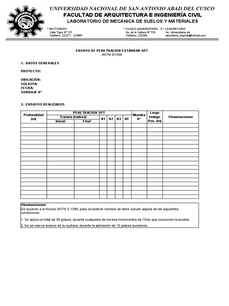Ensayo de Penetración Estándar SPT ASTM D1586 | PDF