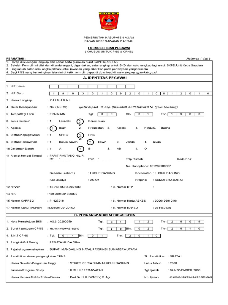 Formulir Isian Pegawai | PDF
