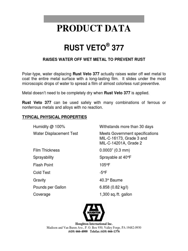 Product Data: Rust Veto 377 | PDF | Rust | Metals