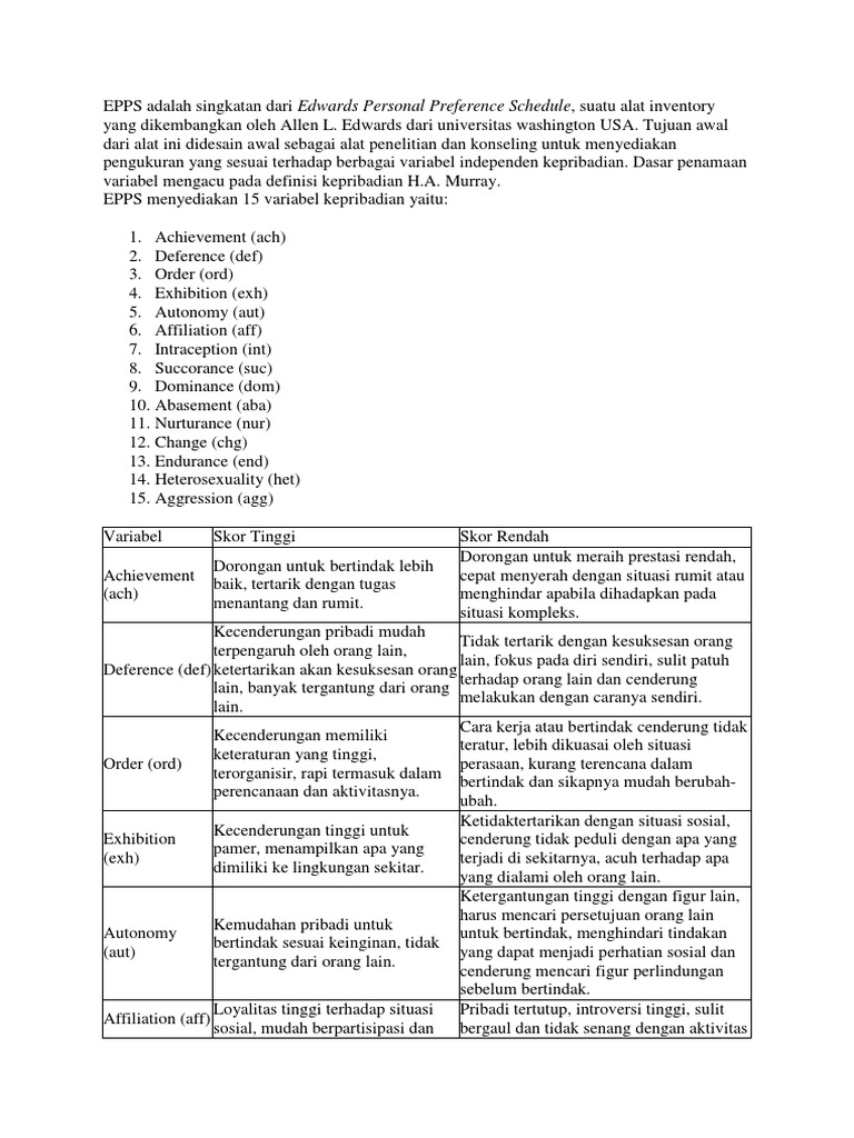 EPPS Edwards Personal Preference Schedule | PDF
