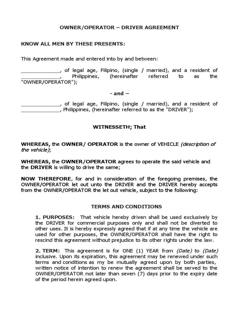 Owner/Operator - Driver Agreement Know All Men by These Presents | PDF | Lease | Private Law