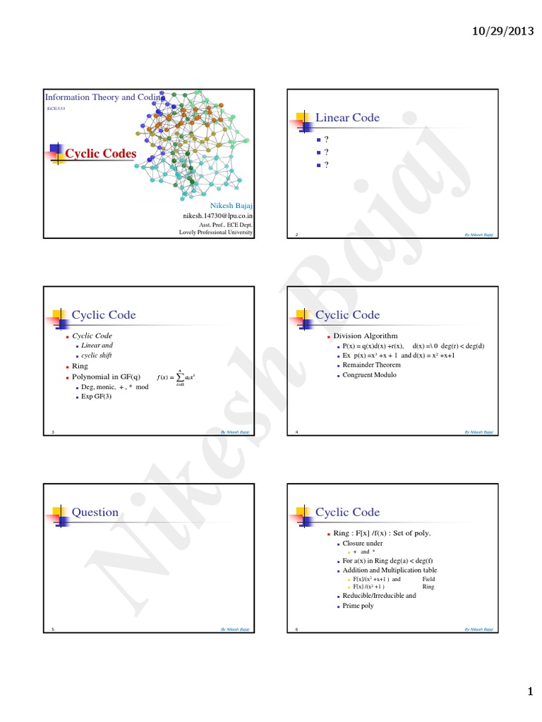 Information And Coding Theory Ece533 Lec 6 Cyclic Codes V4 0 Pdf