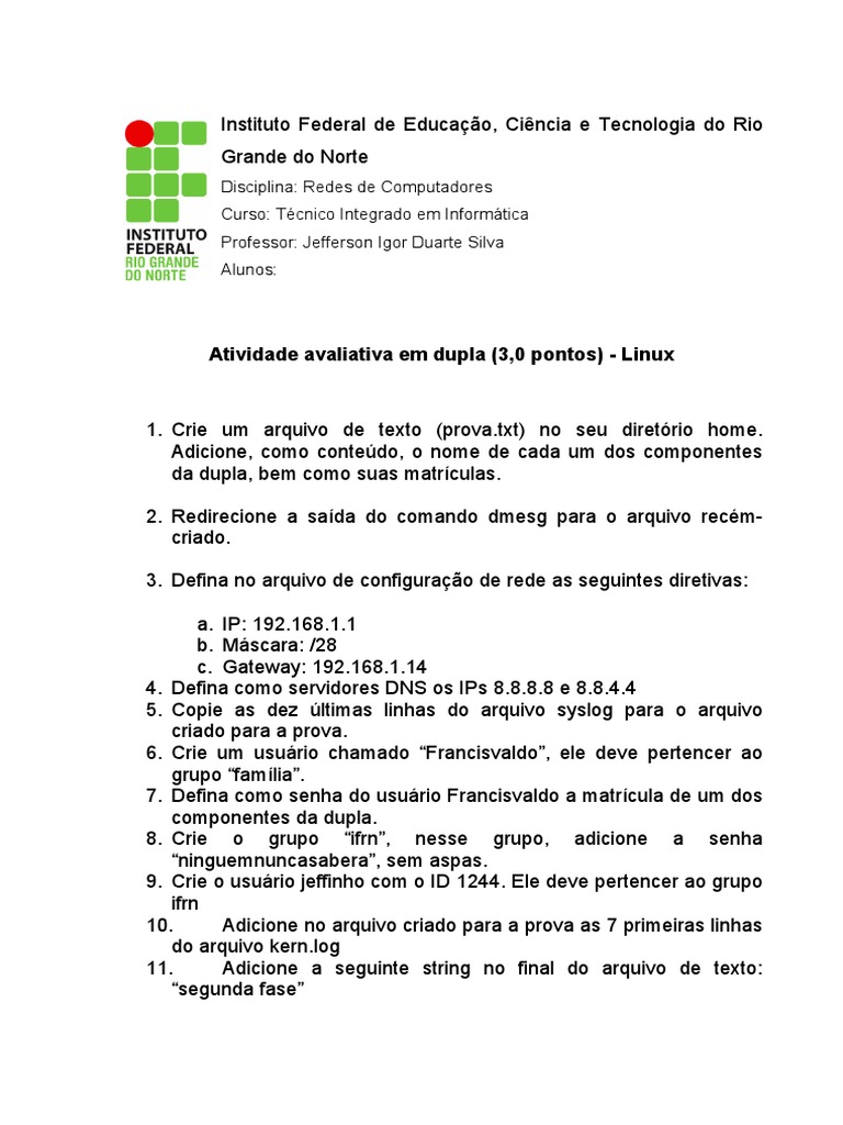 Prova Pratica Linux Pdf Linux Shell Informática