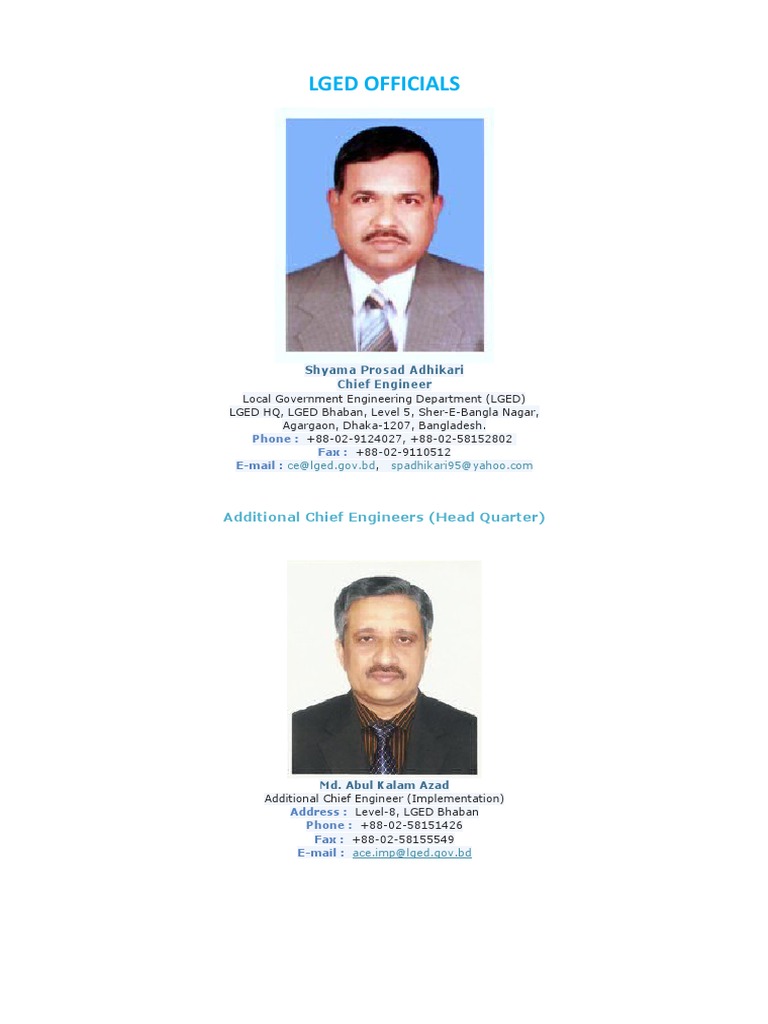 Lged Officials: Additional Chief Engineers (Head Quarter) | PDF