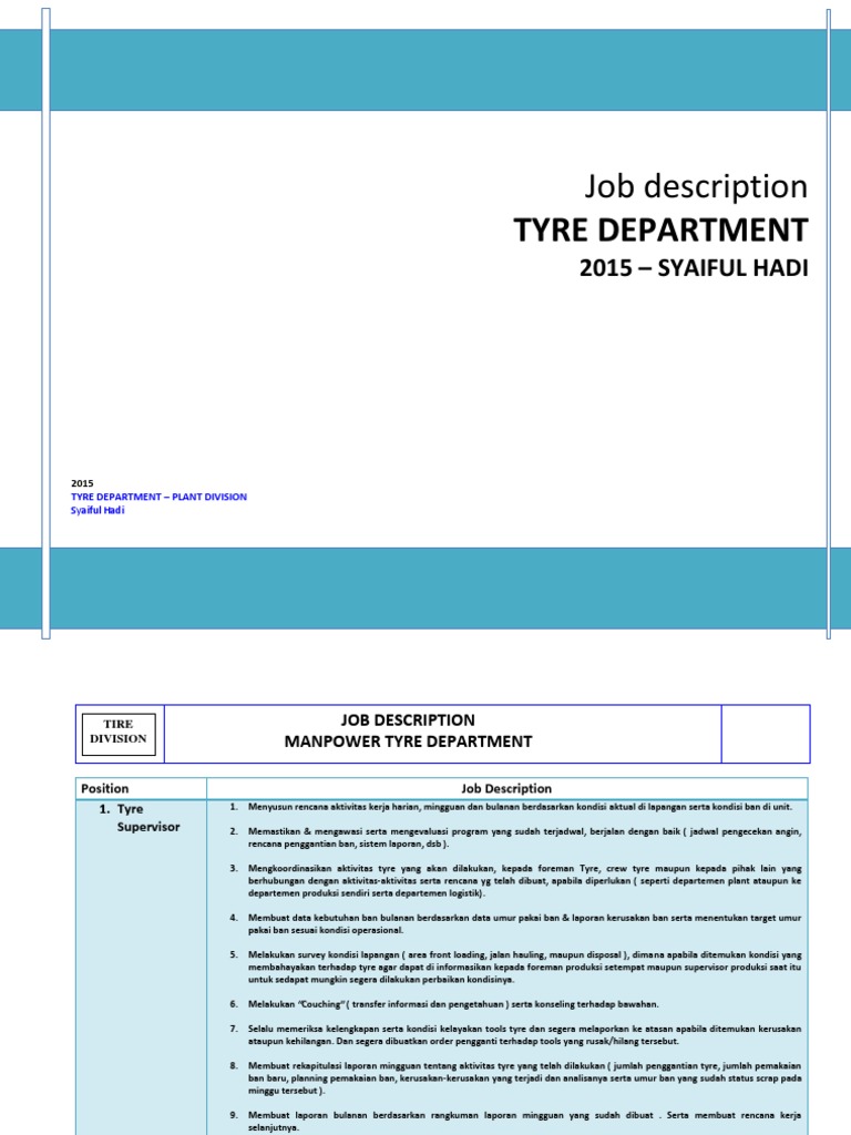 Job Description Tyre Dept - SH | PDF