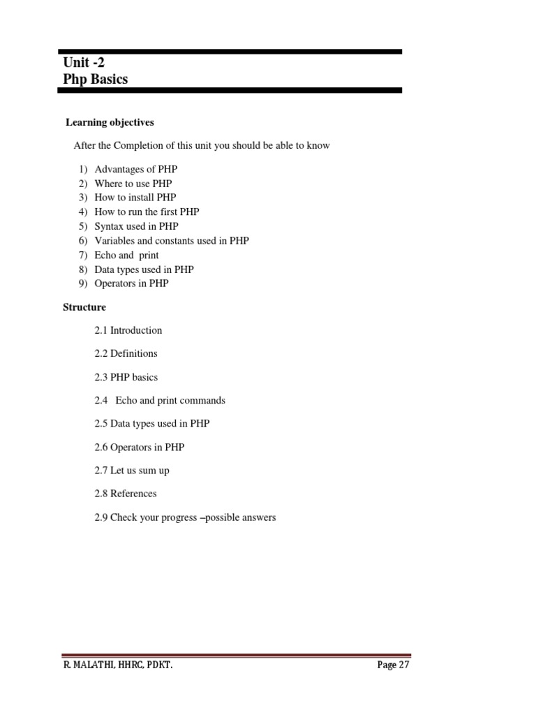 Unit - 2 PHP Basics: Learning Objectives | PDF | Websites | Php