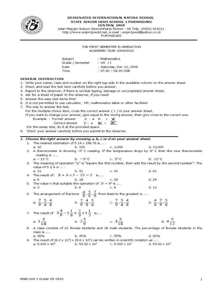 Math Grade 7 | PDF | Multiple Choice | Teaching Mathematics
