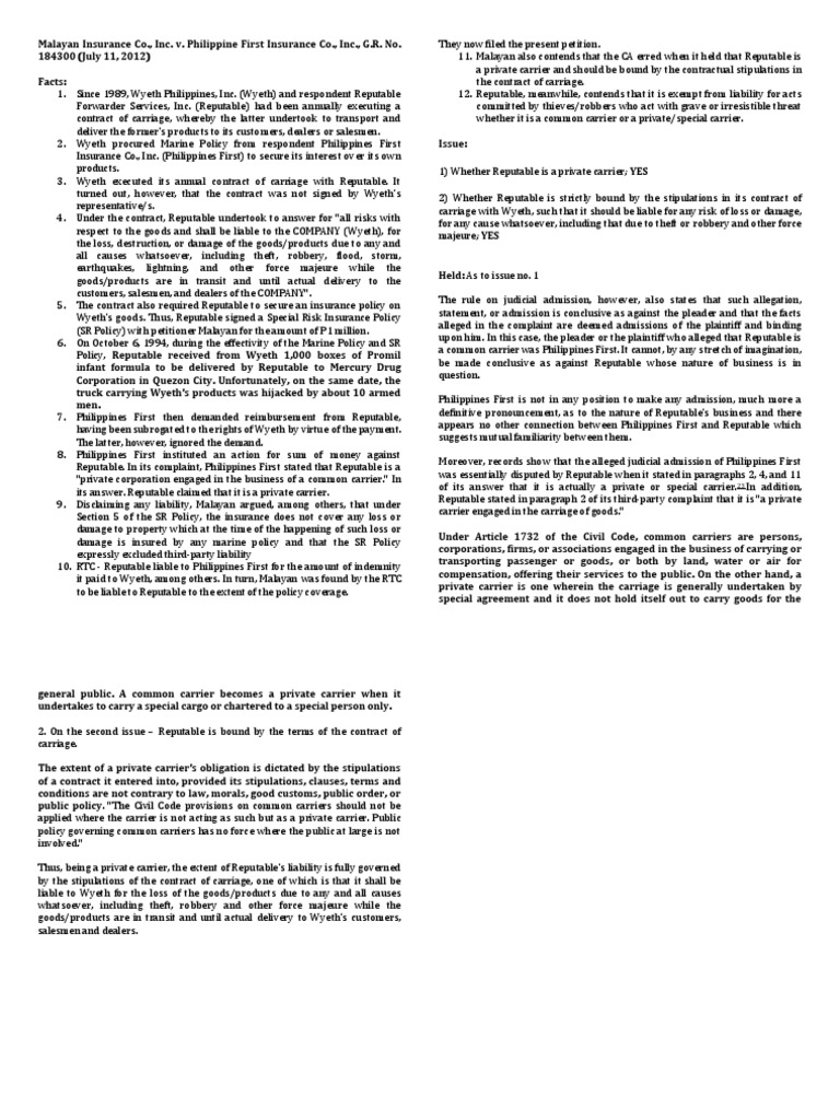 Malayan Insurance Co., Inc. v. Philippine First Insurance Co., Inc., G ...