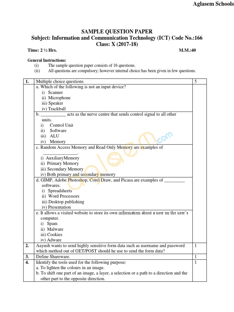 CBSE Class 10 Sample Paper 2018 - ICT-SQP | PDF | Computer Data Storage ...