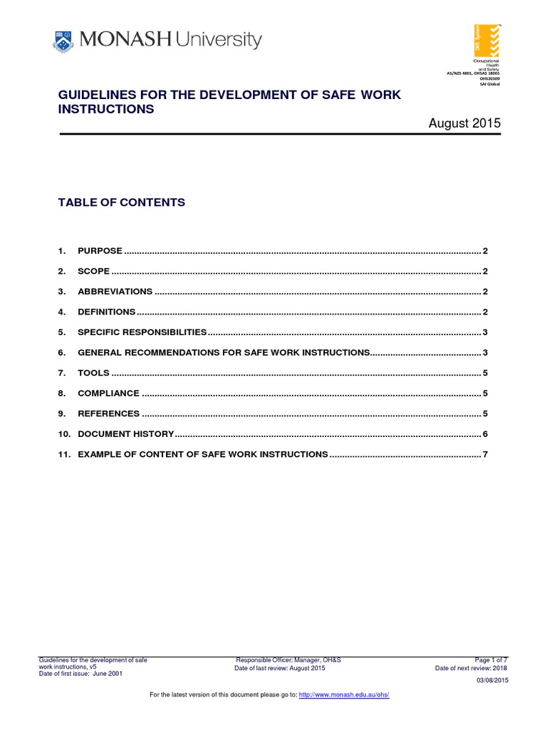 Safe Work Instructions | Download Free PDF | Occupational Safety And ...