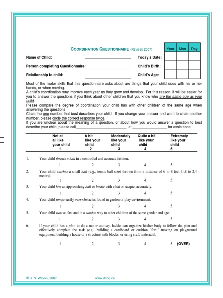 DCDQ'07 Coordination Questionnaire | PDF | Questionnaire | Cognitive ...