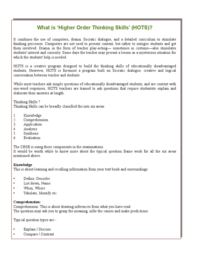 Understanding Higher Order Thinking Skills | PDF | Reading ...
