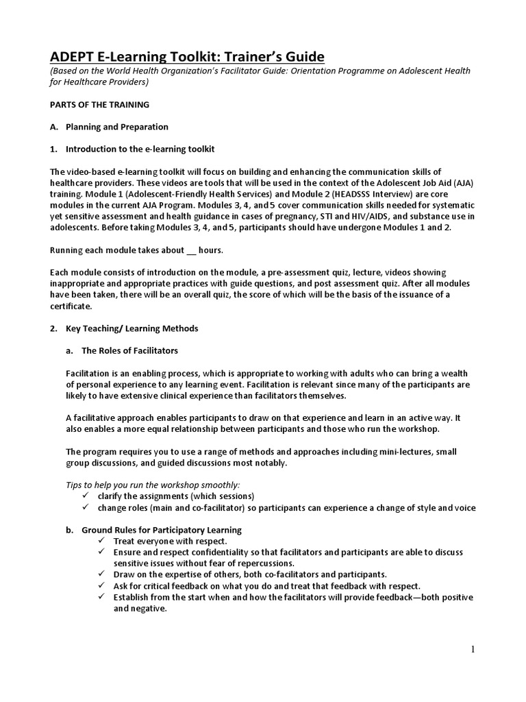 ADEPT E-Learning Toolkit: Trainer's Guide | PDF | Facilitator | Health ...