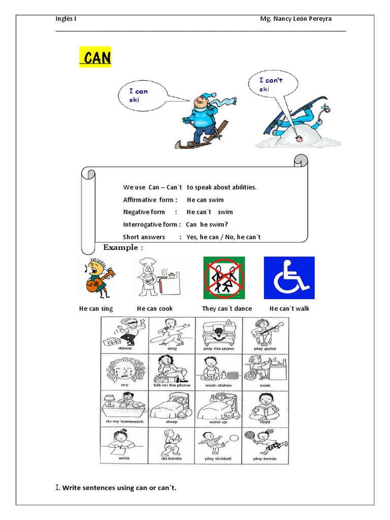 Example:: I. Write Sentences Using Can or Can T | PDF | Linguistic ...