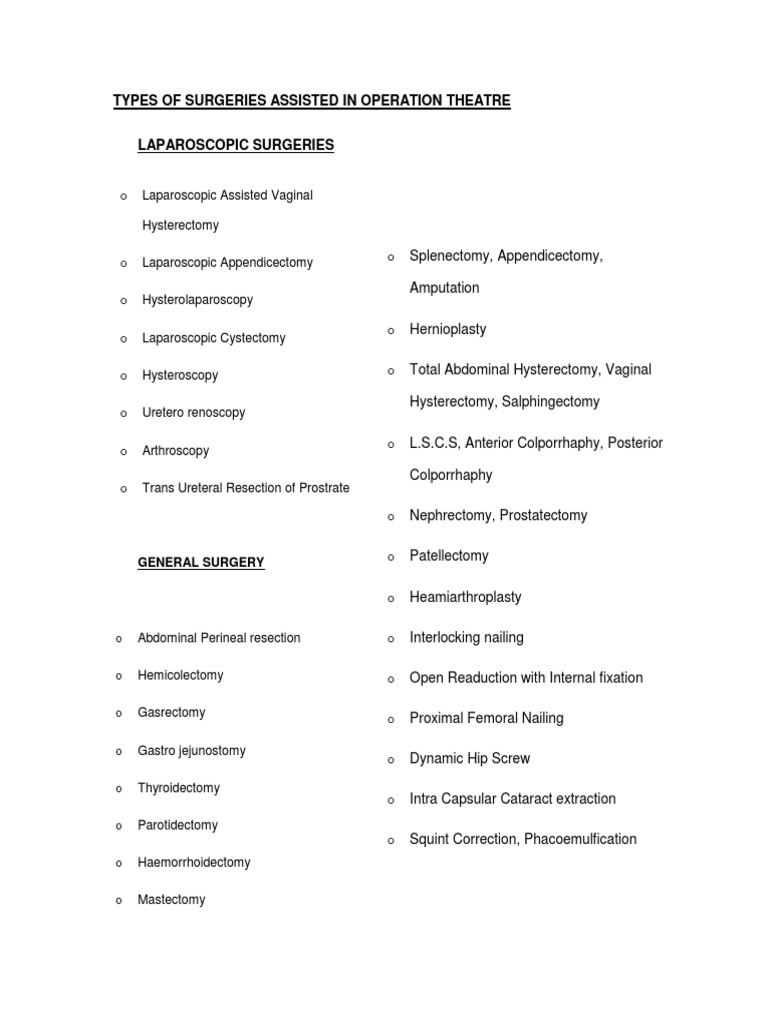 Types of Surgeries in Operation Theatre | PDF | Surgery | Anesthesia