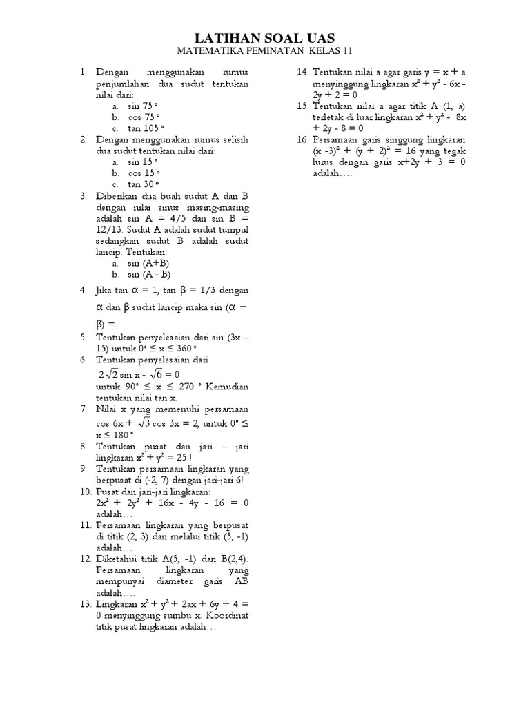 Latihan Soal UAS Mat Minat Kelas 11 | PDF