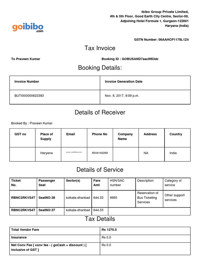 Tax Invoice for Bus Ticket Booking from Kolkata to Dhanbad by Praveen ...