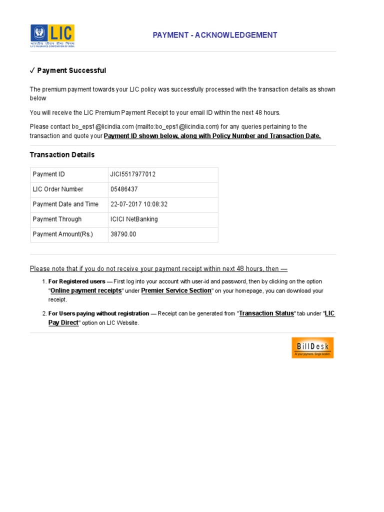LIC Premium Payment Receipt Instructions | PDF