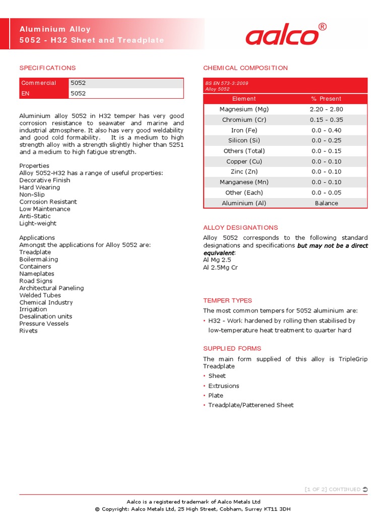 Aalco Metals LTD Aluminium Alloy 5052 H32 Sheet and Treadplate 138 ...