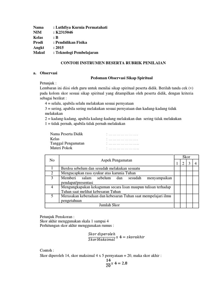 Contoh Instrumen Beserta Rubrik Penilaian | PDF