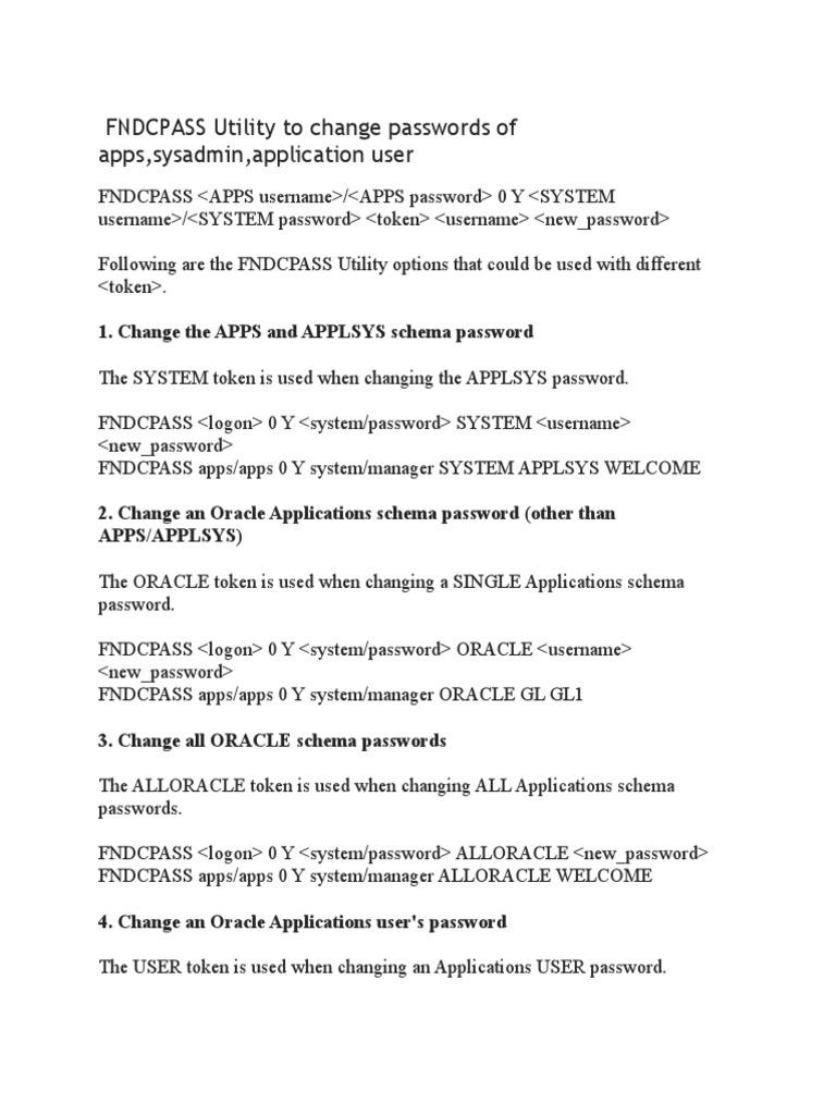 FNDCPASS Utility To Change Passwords of Apps, Sysadmin, Application User | PDF | Oracle Database ...