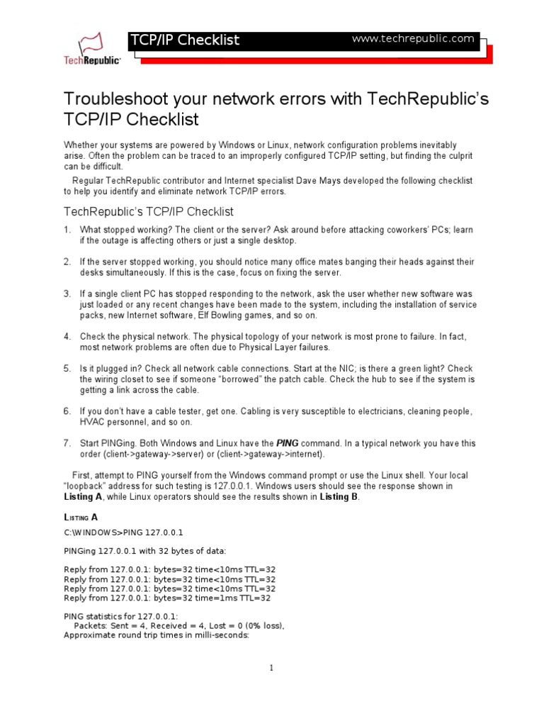 Troubleshoot Your Network Errors With Techrepublic'S Tcp/Ip Checklist | PDF | Ip Address ...