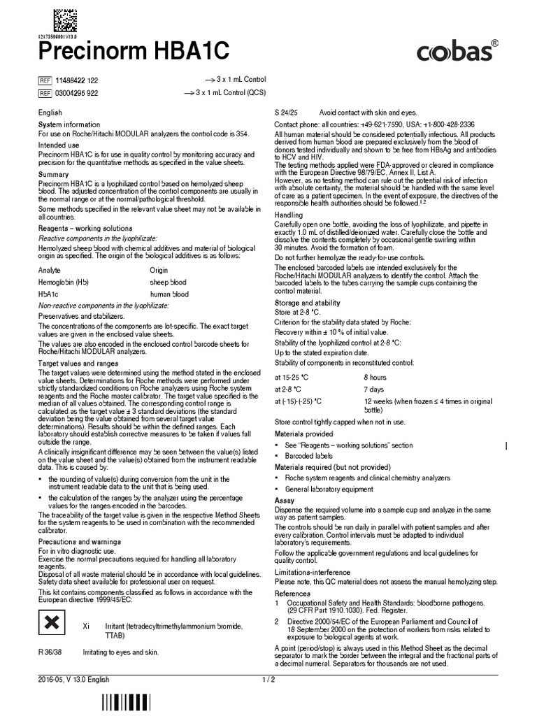 Precinorm HBA1C.12173506001.V13.en | PDF | Glycated Hemoglobin | Infection