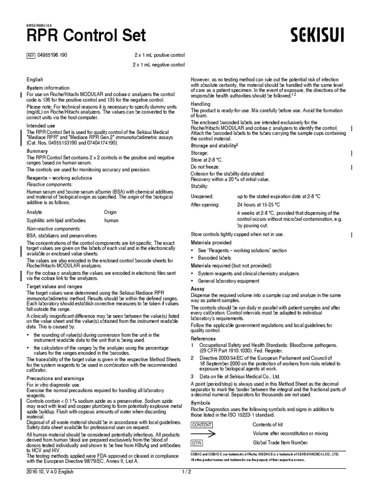 RPR Control Set.04955196001.V4.En | PDF | Scientific Control | Assay