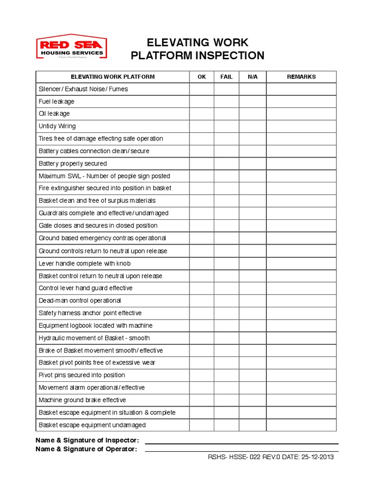 022 Elevating Work Platform Checklist | PDF | Machines | Mechanical ...