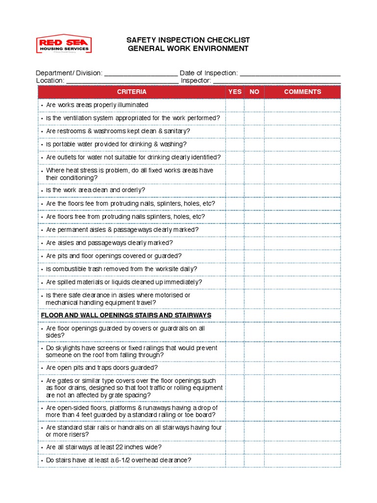 029 Gen Work Environment Checklist | Stairs | Civil Engineering