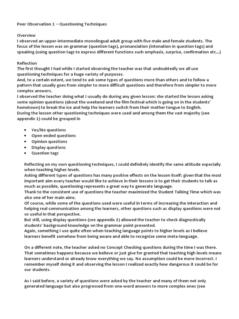 Peer Observation 1 - Questioning Techniques | PDF | Question | Learning