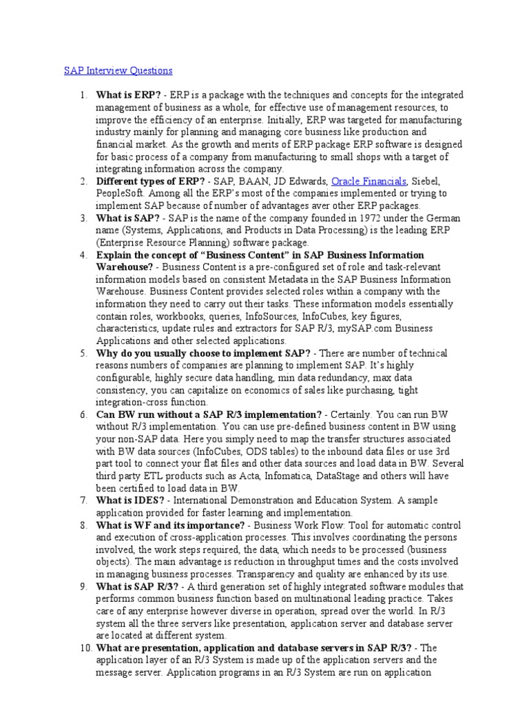 Sap Interview Questions Warehouse Business Content Is A Pre Configured Set Of Role And Task 