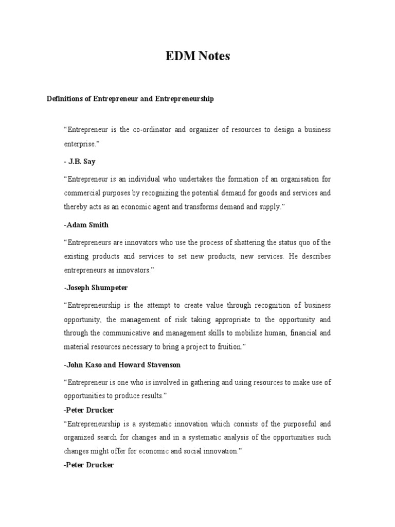 EDM Notes: Definitions of Entrepreneur and Entrepreneurship | PDF ...