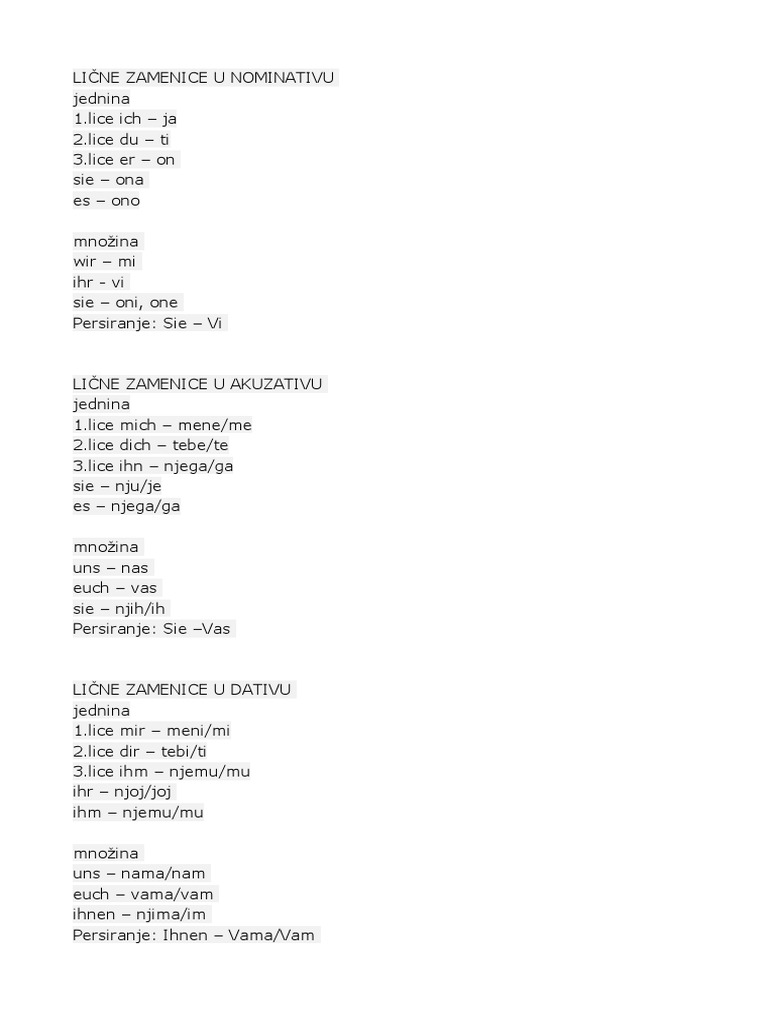 LIČNE ZAMENICE Po Padezima | PDF