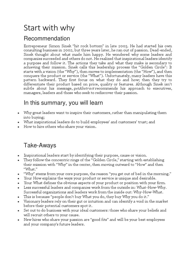 Start With Why Summary | PDF | Southwest Airlines | Leadership