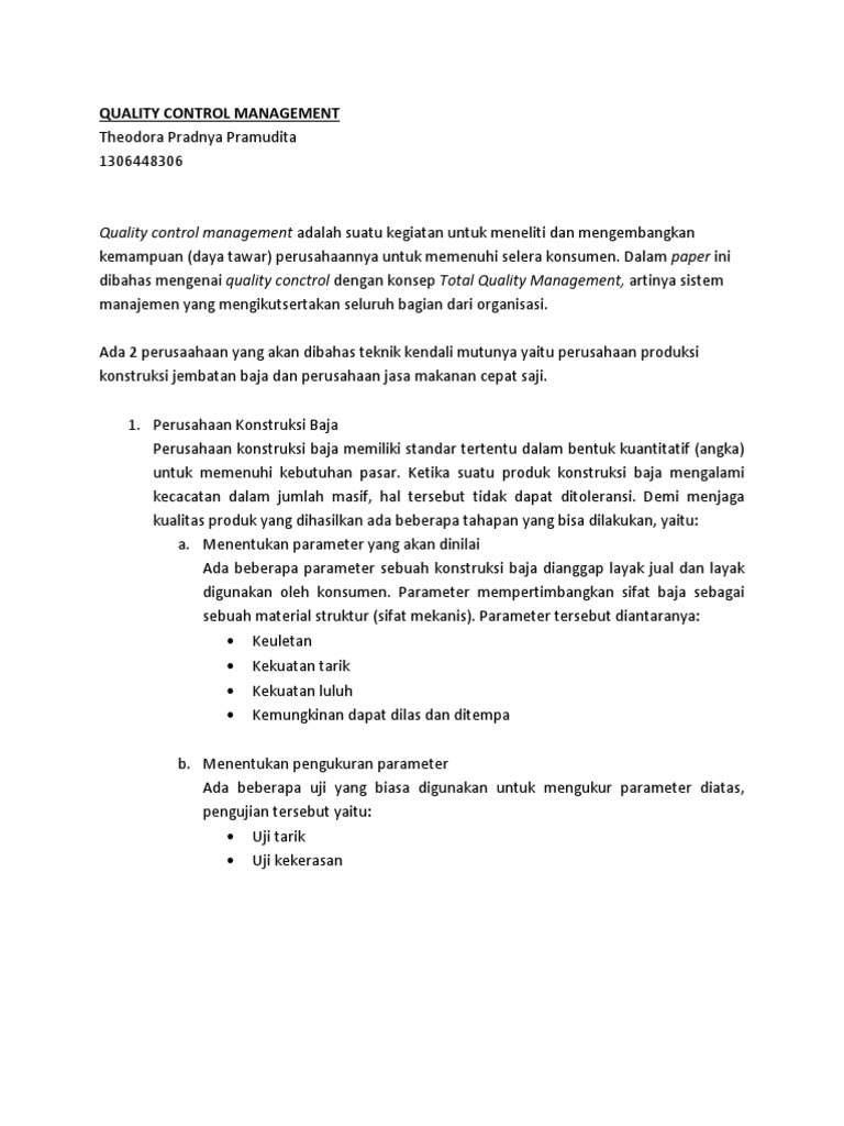 Quality Control Management KFC | PDF