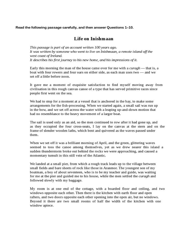 Life On Inishmaan: Read The Following Passage Carefully, and Then ...