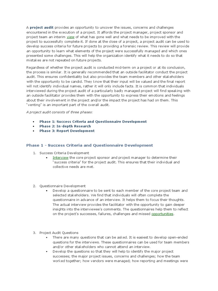 Project Audit: Phase 1 - Success Criteria and Questionnaire Development ...