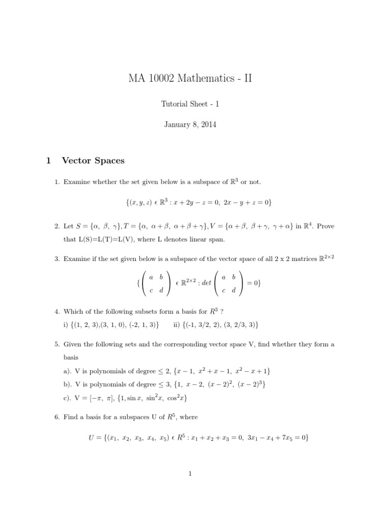 MA 10002 Mathematics - II: 1 Vector Spaces | PDF | Basis (Linear ...